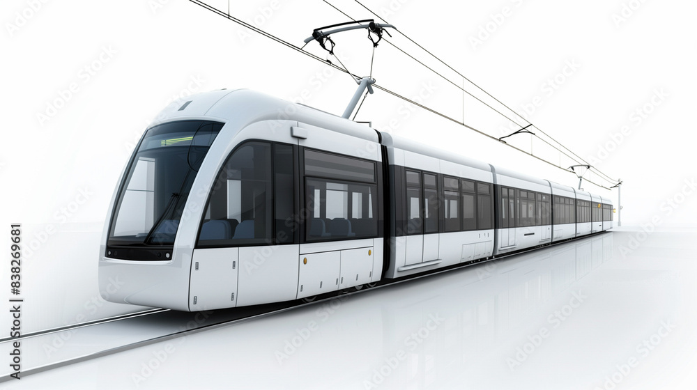A modern white tram with large windows traveling on a rail track. The ...