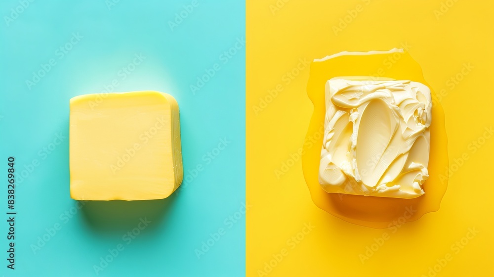 Butter vs margarine comparison, distinct visual differences, top view ...