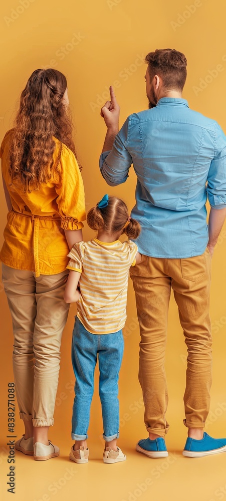 full body back view, young parents, mom, dad, child, girl 6 years old ...