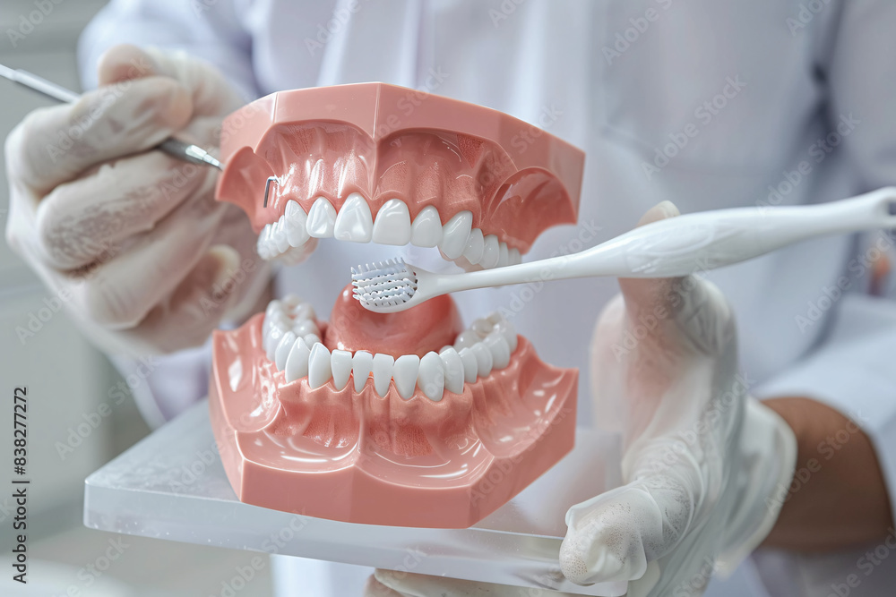 Dentist demonstrating proper brushing technique to elderly patient ...