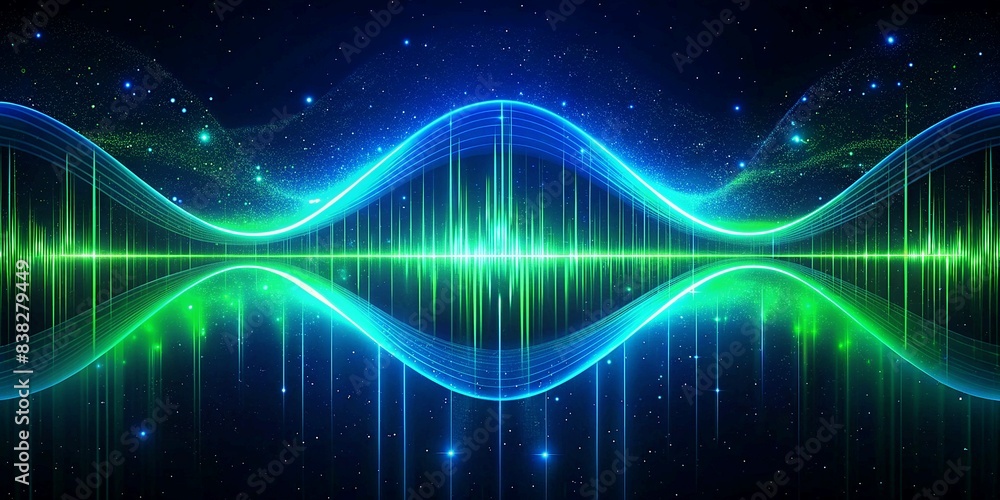 Sound wave pattern with glowing green and blue digital lines and curves ...