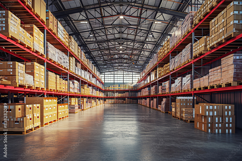 Interior of a modern warehouse storage of retail shop with pallet truck ...