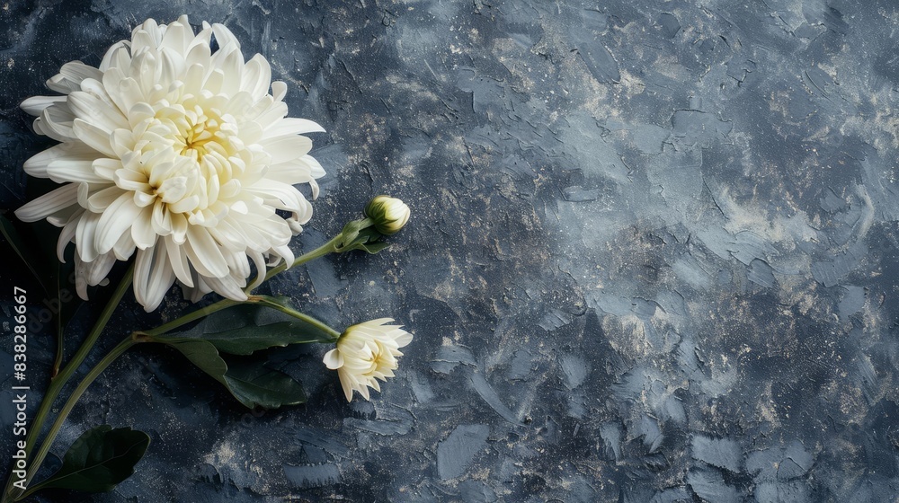 somber mourning background with white chrysanthemum flower and copy ...