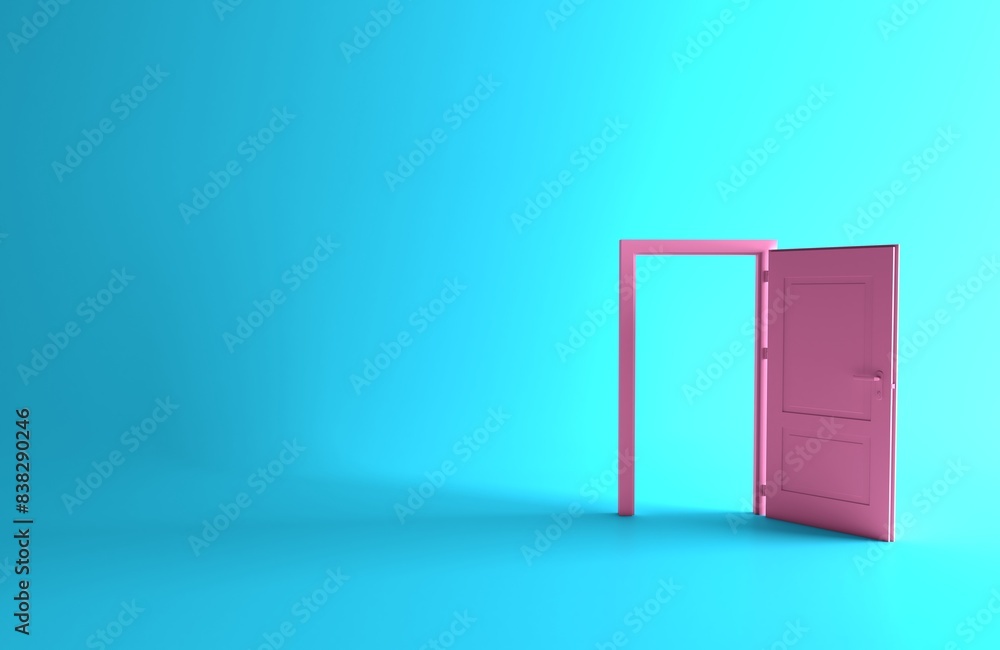 Open the door. Pink door, open entrance in blue background room ...