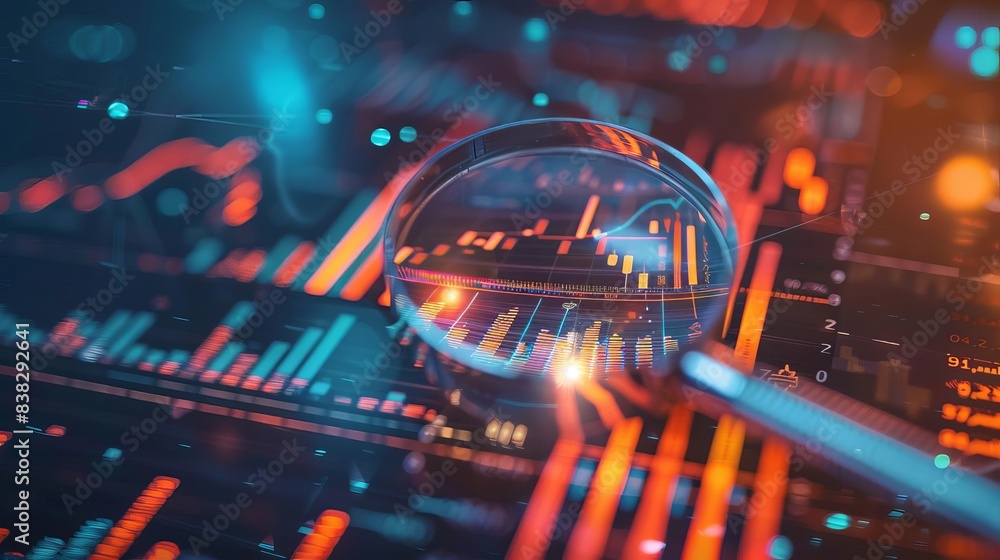 stock market investing research concept with magnifying glass examining ...