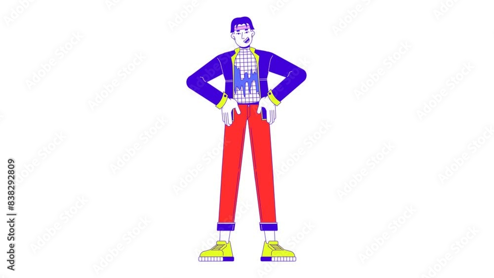 Stylish korean guy in power pose line 2D character animation. Fashion ...
