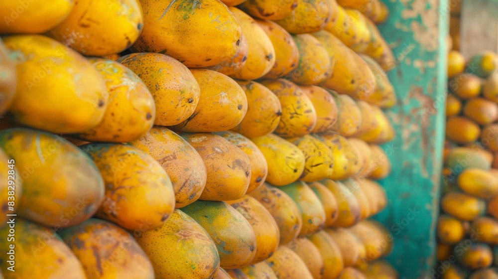 At the fruit market, a stacked stack of yellow mangoes provides a ...