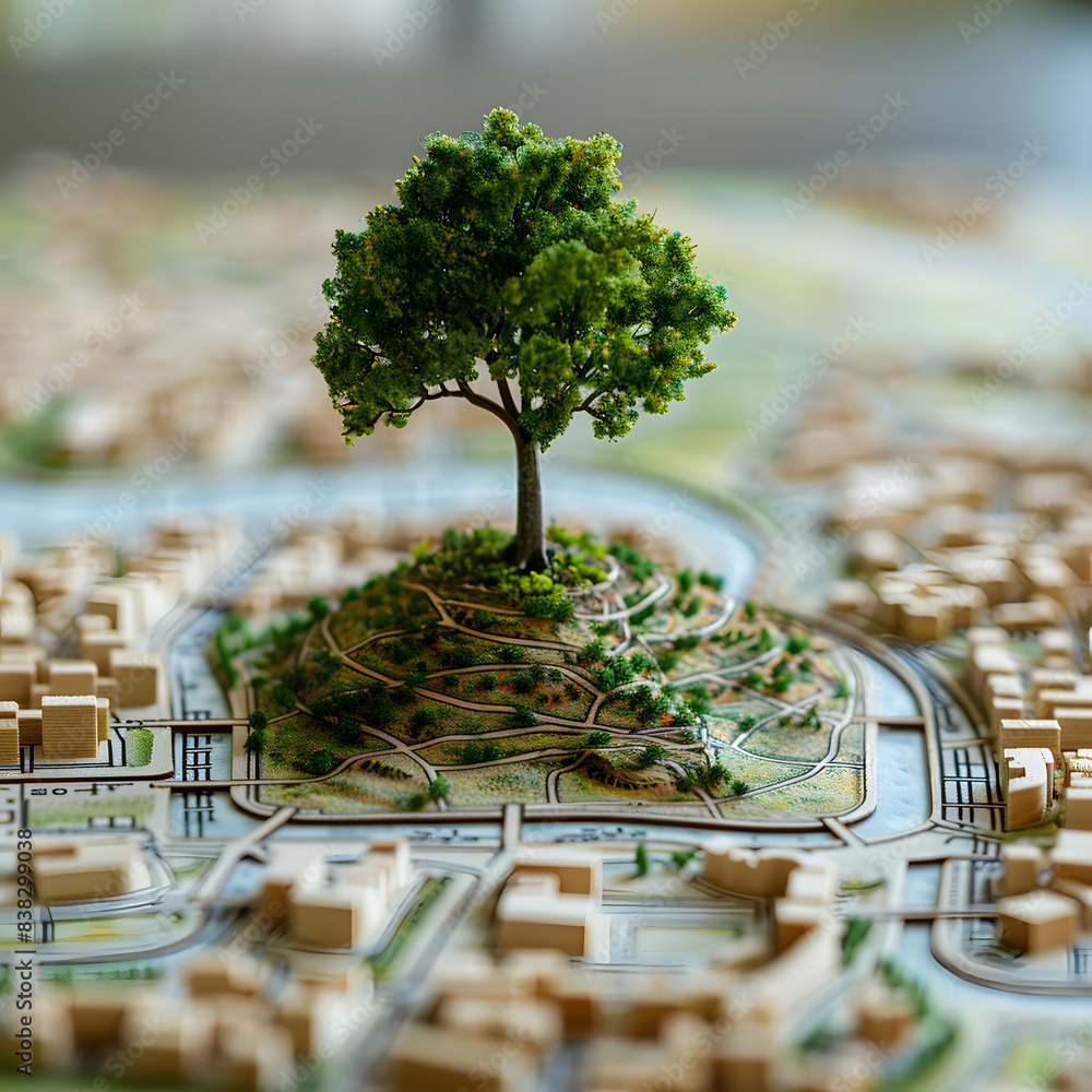 ภาพประกอบสต็อก cadastral mape and general urban plan with lone tree in ...