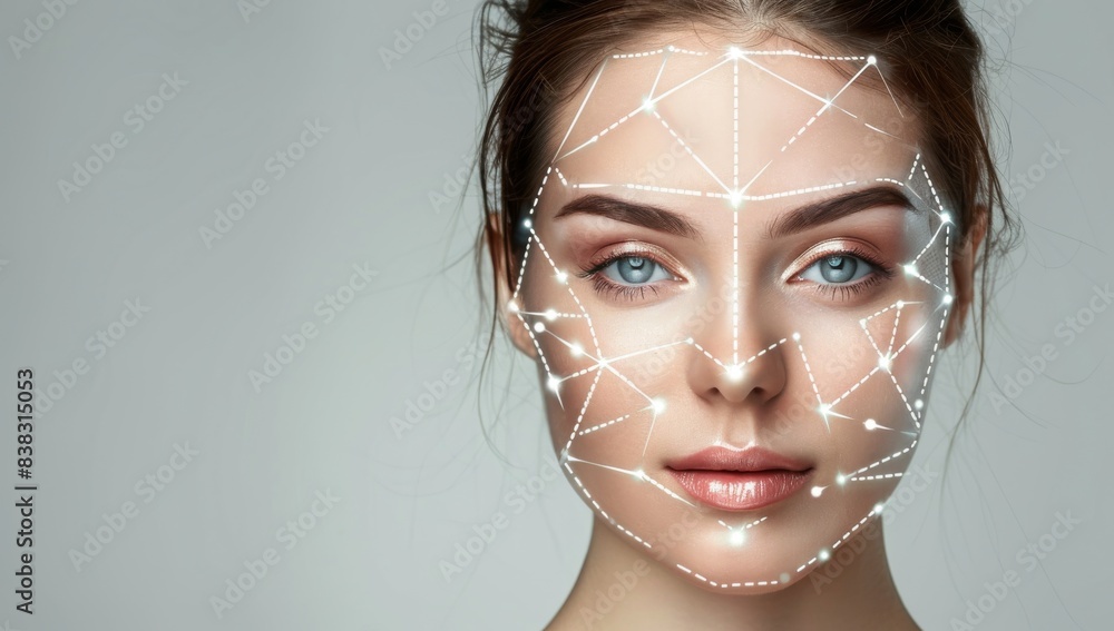 A beautiful woman is shown with an AI face scan system overlayed on her ...