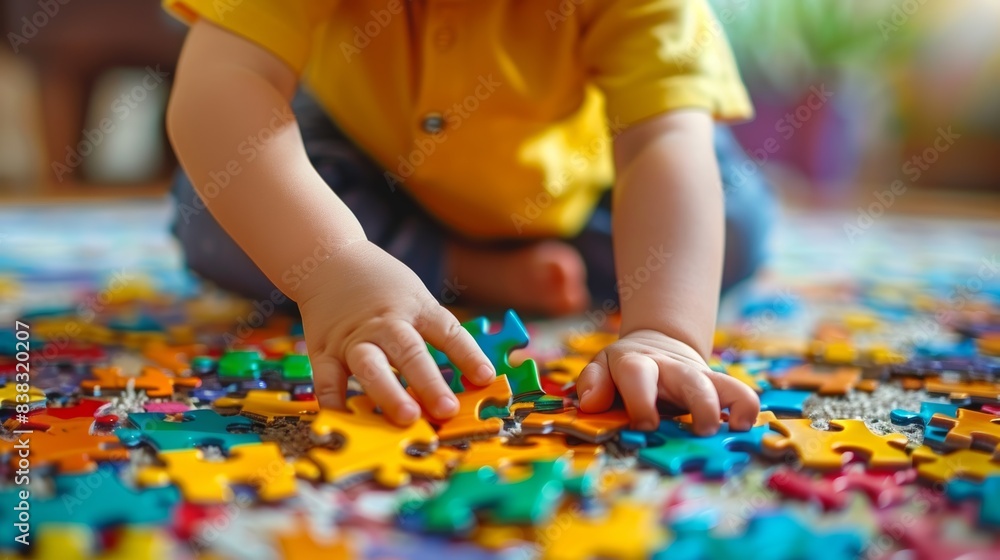 Child Solving Colorful Puzzle Pieces. A young child engages with ...