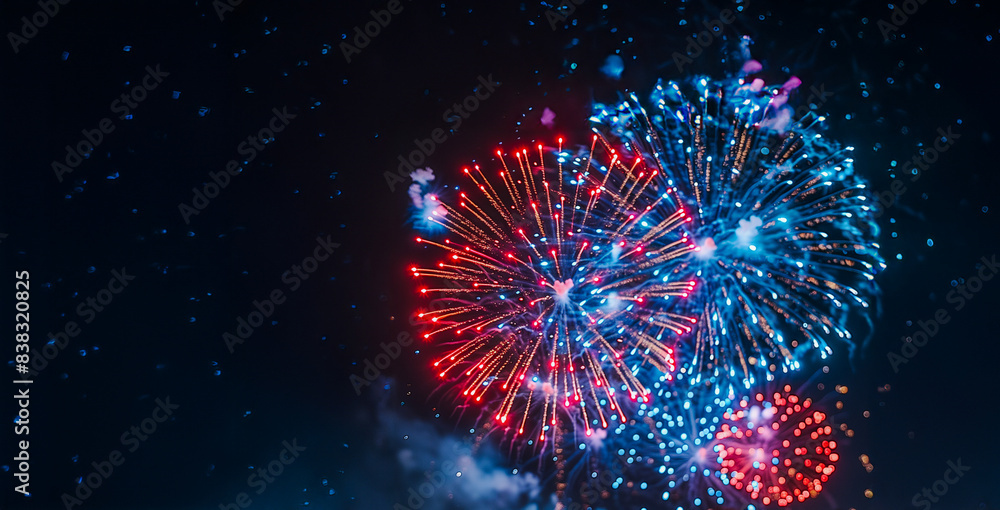 background of red and blue fireworks in the night sky for the 4th of ...