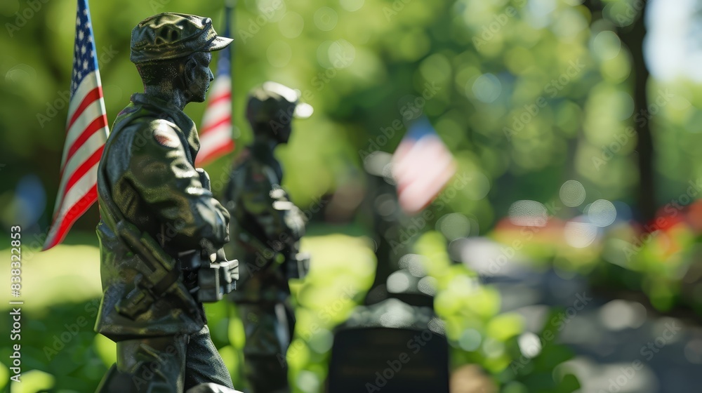Remembering USA heroes on Memorial Day, patriotic decorations, blurred ...