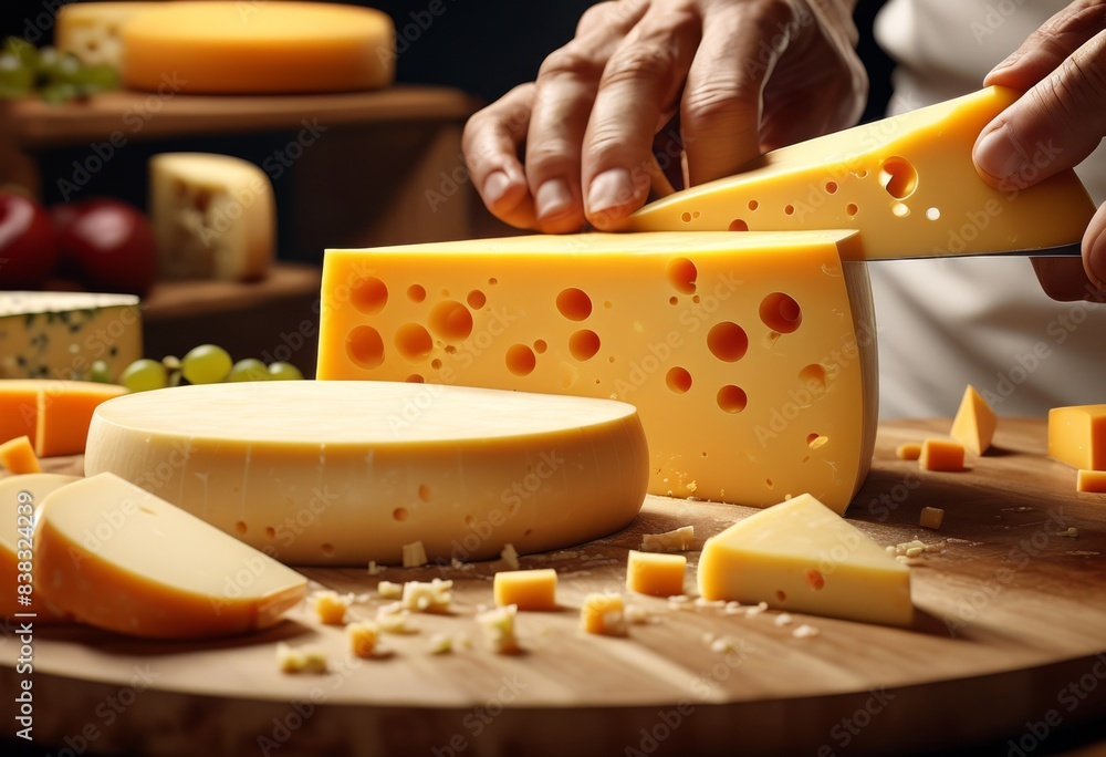 circular cheese wheel being sliced dairy product being cut into ...
