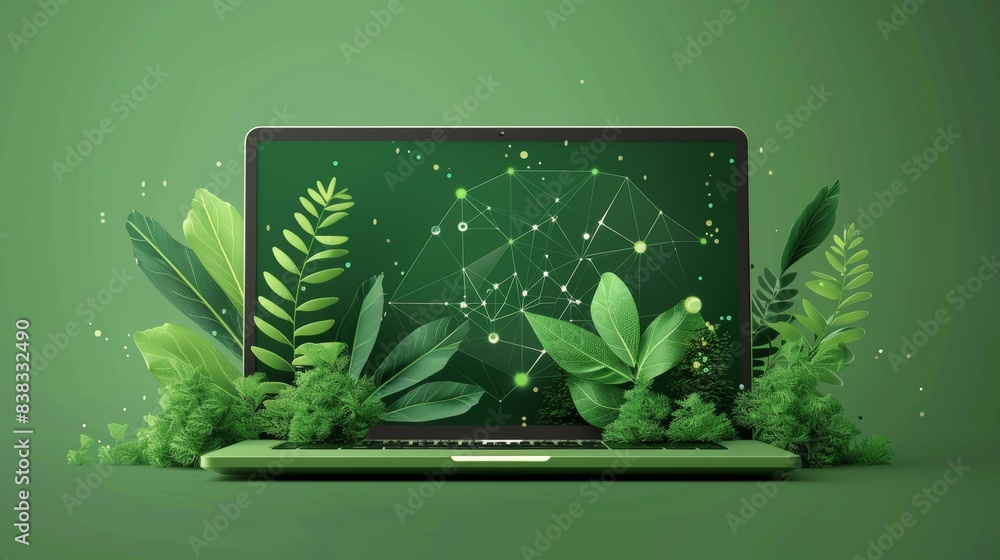 A minimalist illustration of a green laptop with a simple, geometric ...