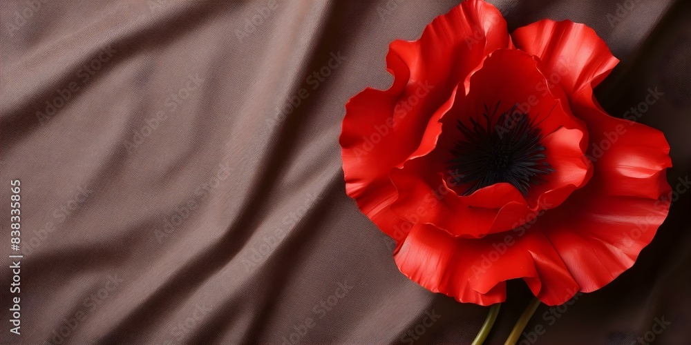 Red poppy on banner paper symbolizes remembrance and Anzac Day memorial ...