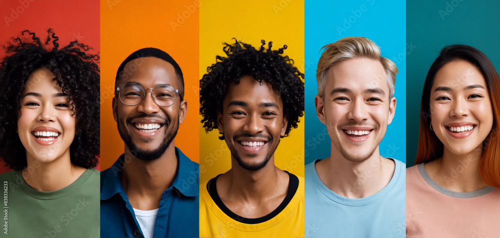 Collage of different people smiling, men and women from various age and ...