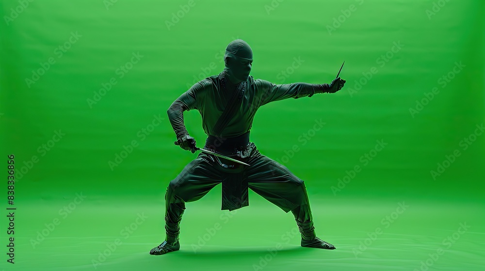 Silhouette of a ninja in fighting stance with dagger against green ...