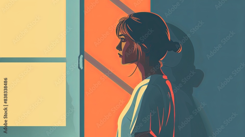 Person staring out of window, flat design side view theme yearning ...