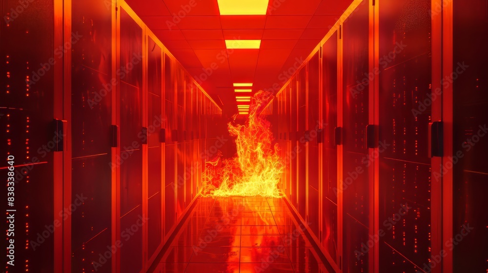 Cyber threat server network crime metaphor Server network room on fire ...