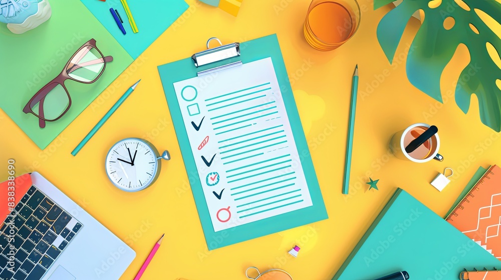 Checklist with goals, flat design top view theme planning cartoon ...