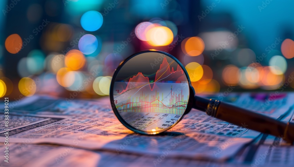 A magnifying glass over financial charts and stock market data ...