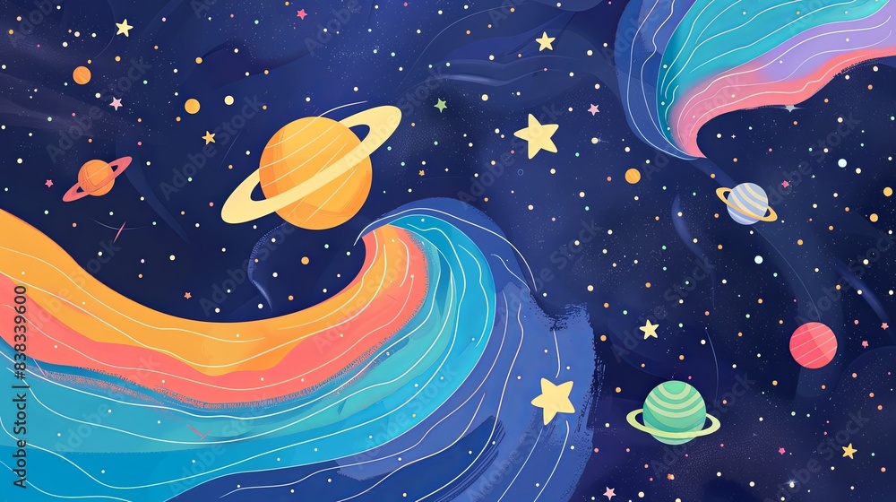 Spiral galaxy with stars and planets, flat design top view theme space ...