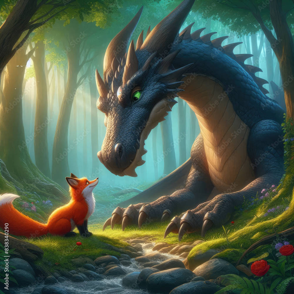 Genertative AI In a magical forest, a majestic dragon and a clever fox ...