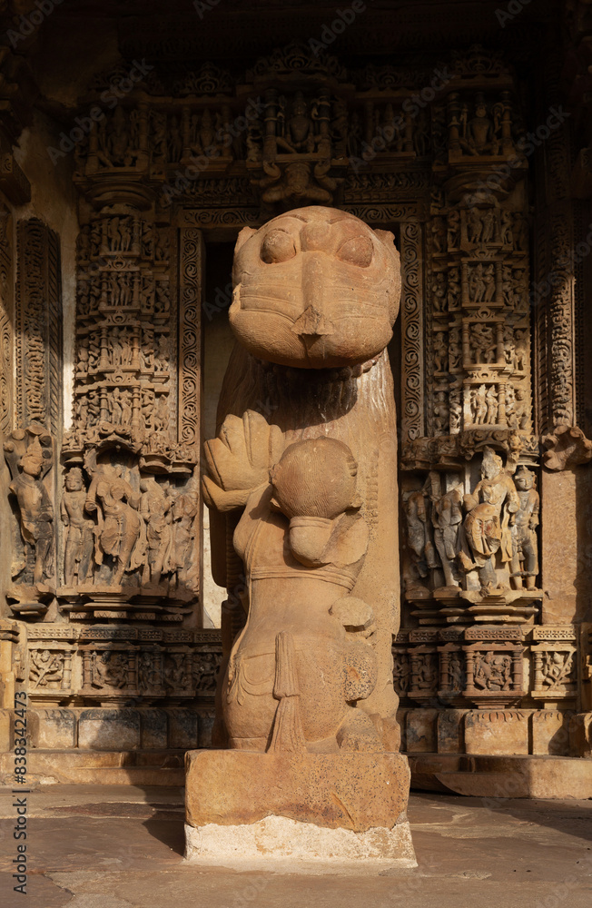 Beautifully designed statue of a lady and a lion, the facade of lion ...