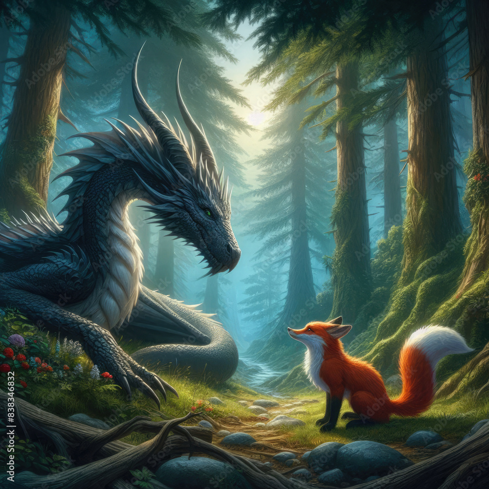 Genertative AI In a magical forest, a majestic dragon and a clever fox ...