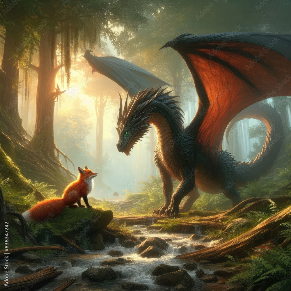Genertative AI In a magical forest, a majestic dragon and a clever fox ...