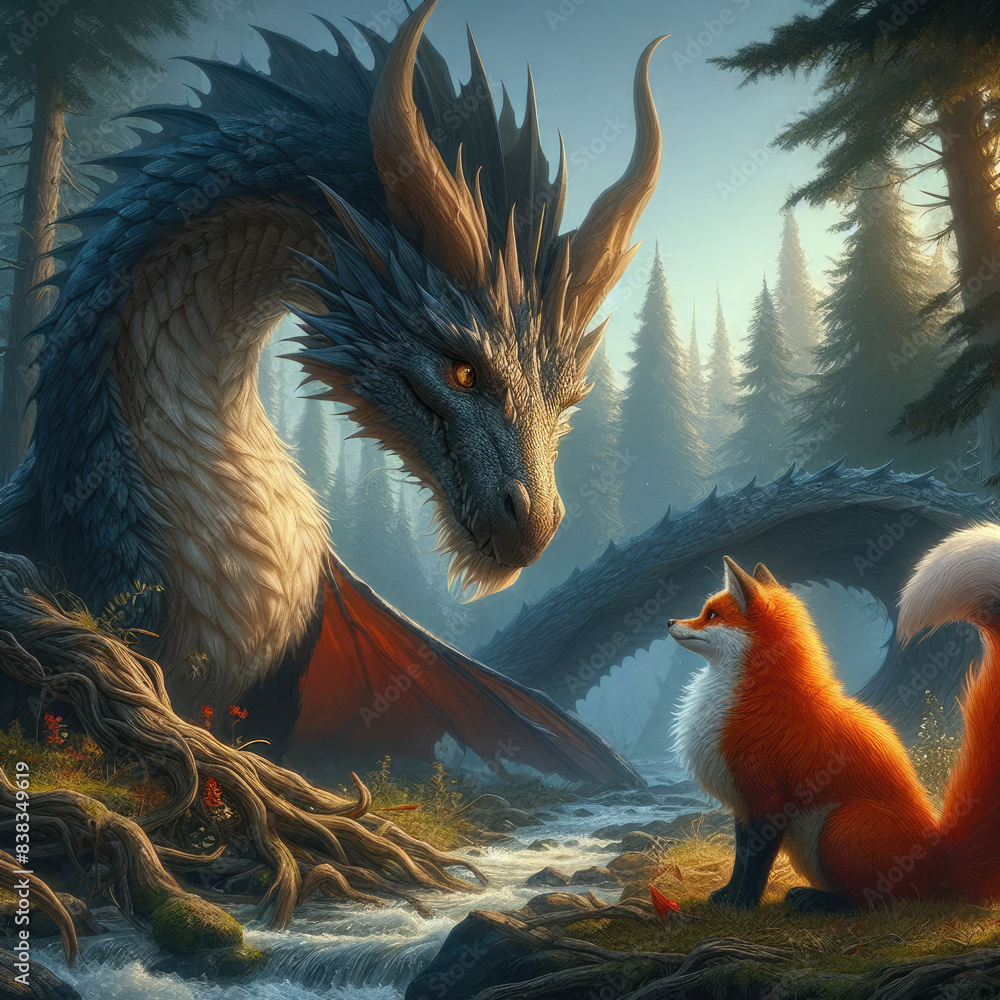 Genertative AI In a magical forest, a majestic dragon and a clever fox ...