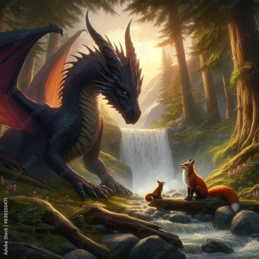 Genertative AI In a magical forest, a majestic dragon and a clever fox ...