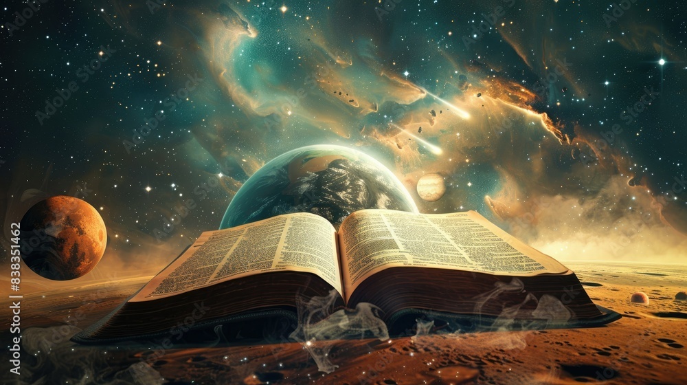product photo of a bible floating past planets in space AI generated ...