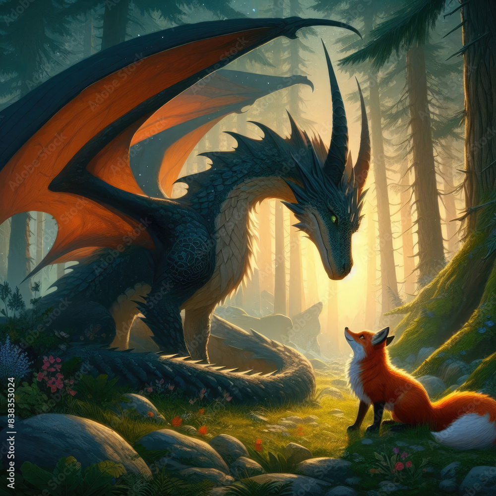 Genertative AI In a magical forest, a majestic dragon and a clever fox ...