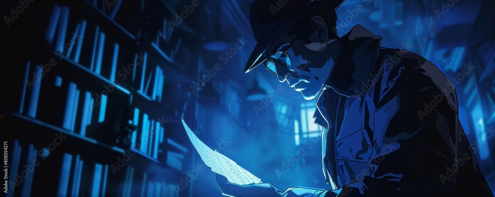A detective examining a cryptic note left at a crime scene, deciphering ...