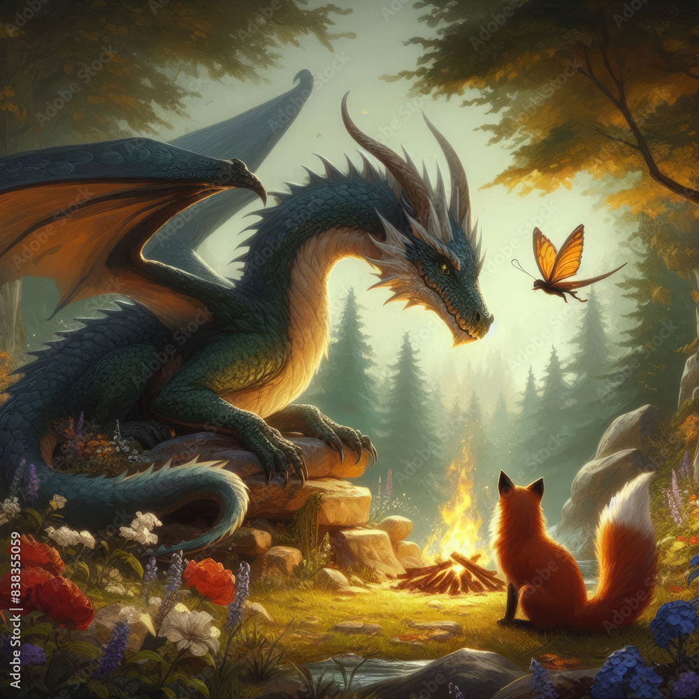 Genertative AI In a magical forest, a majestic dragon and a clever fox ...