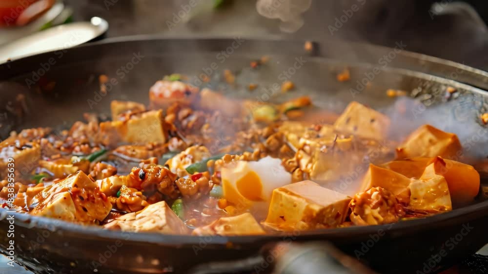 A pan filled with sizzling hot food cooking on a stovetop, A sizzling ...