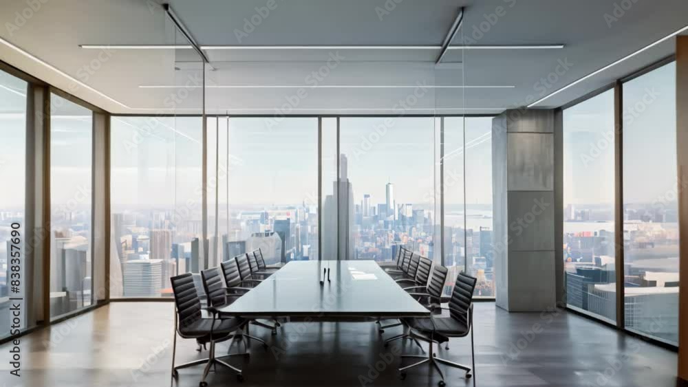 Modern conference room with floor-to-ceiling windows showing a view of ...