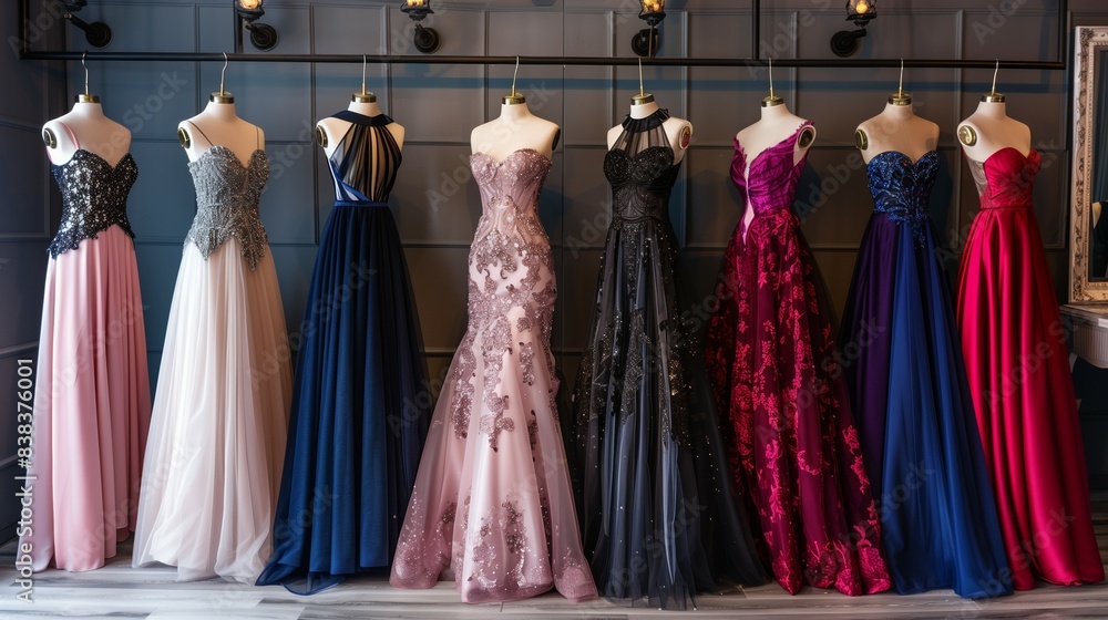colorful collection of female dresses on hangers in retail shop ...