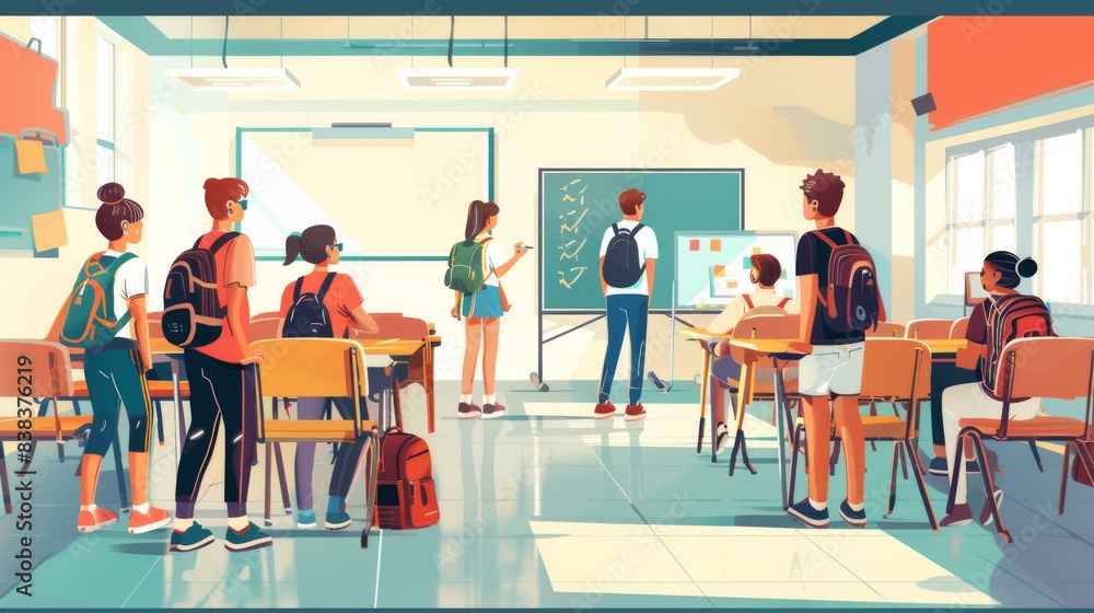 flat illustration of students in an school class room, with some ...