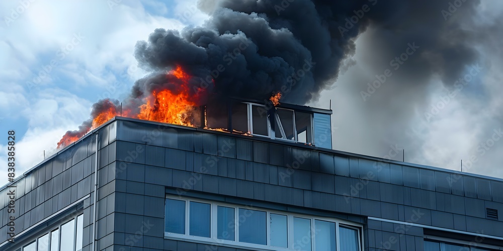 A building on fire with black smoke rising from the upper floor ...