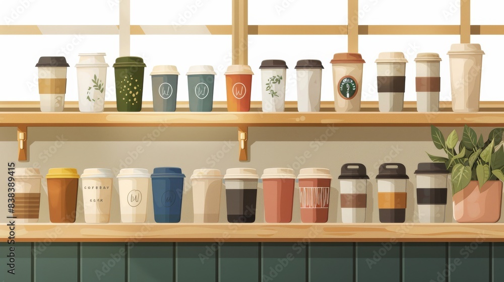 A collection of coffee cups and bottles on the shelf, showcasing ...