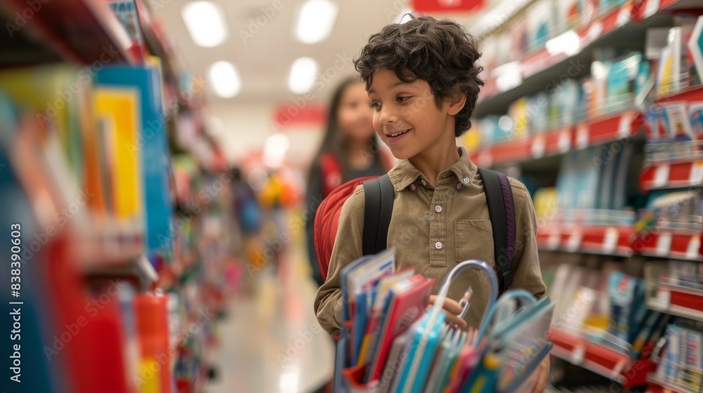 Happy young child shopping with mom or dad for school supplies at store ...