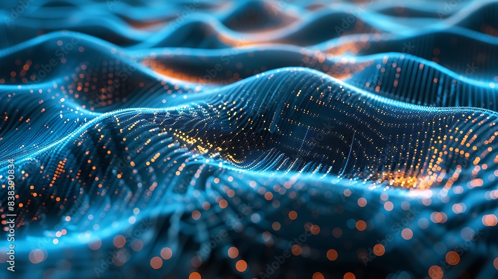 Abstract blue and orange digital wave pattern with dots and lines ...
