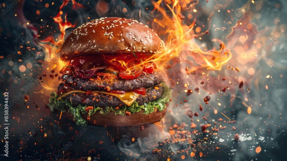 Epic flaming burger with fire and smoke, showcasing a delicious and ...