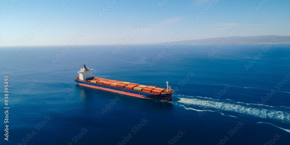 An overview of a cargo ship carrying containers over the ocean. Concept ...