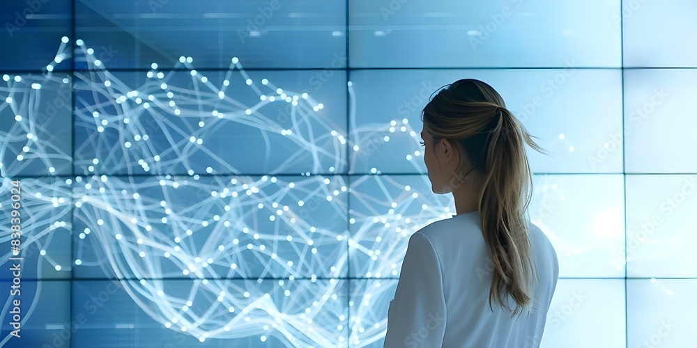 Female data scientist analyzing risk management reports on large digital screen. Concept Data ...