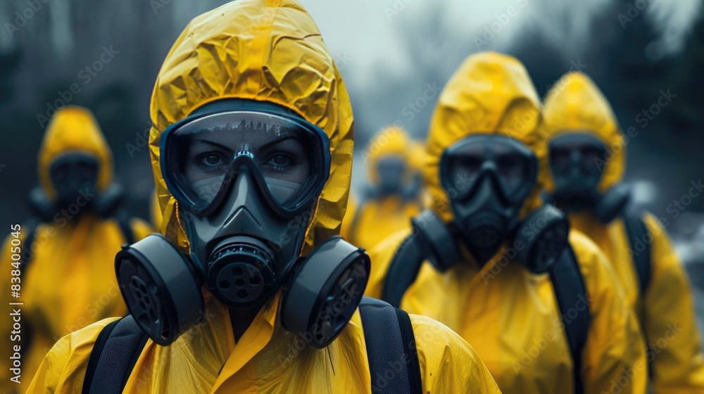 Close-up portrait group of individuals in yellow hazmat suits and gas ...