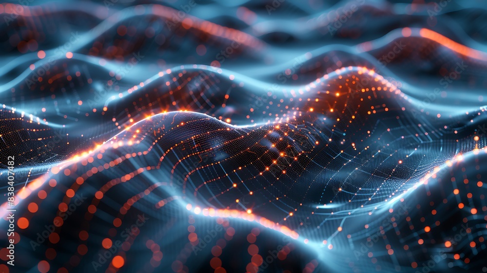 Futuristic digital wave pattern with glowing red and blue dots ...