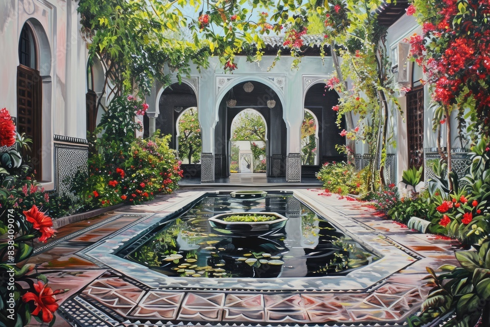 a courtyard with a fountain and potted plants, a painting of a ...